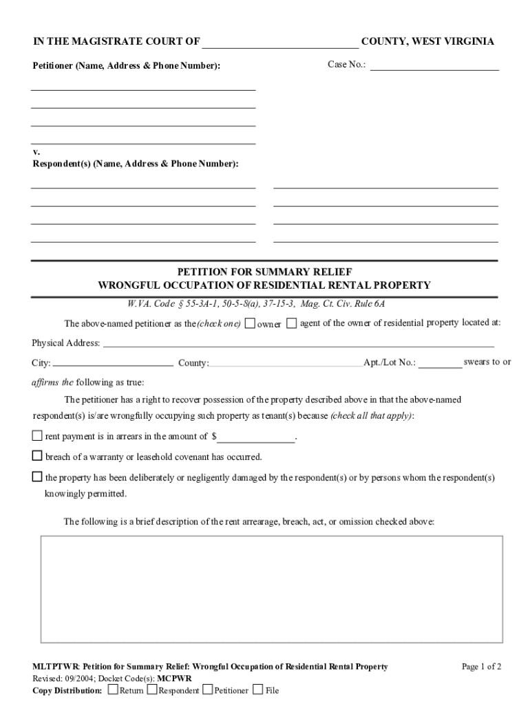 Fillable Online Petition For Summary Relief: Wrongful Occupation of ...
