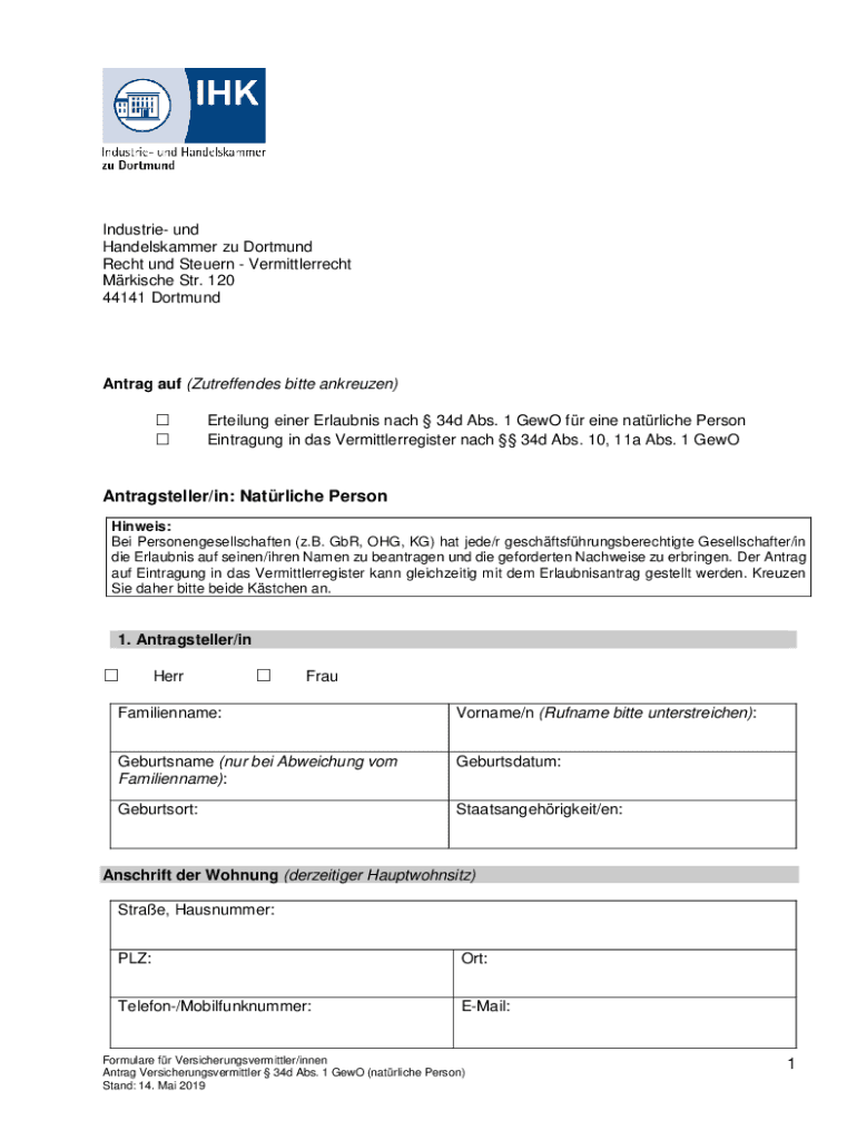 Ausfüllbar Online Antrag auf Erteilung einer Erlaubnis und Eintragung34d Abs. 1 GewOnatrliche ...