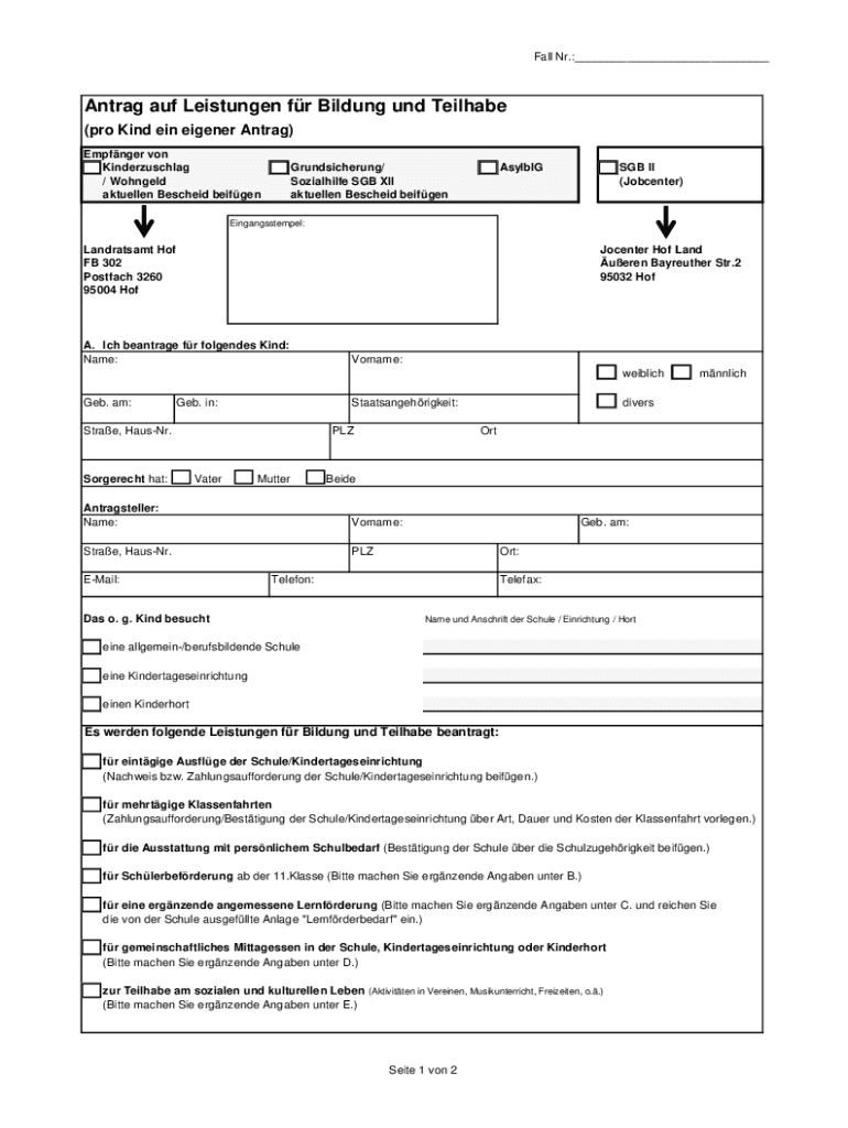 Ausfüllbar Online Antrag auf Leistungen fr Bildung und Teilhabe fr Kinder ... Fax Email Drucken ...