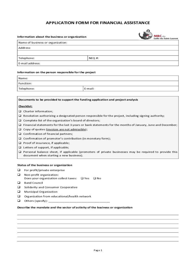 Fillable Online APPLICATION FORM FOR FINANCIAL ASSISTANCE Fax Email ...