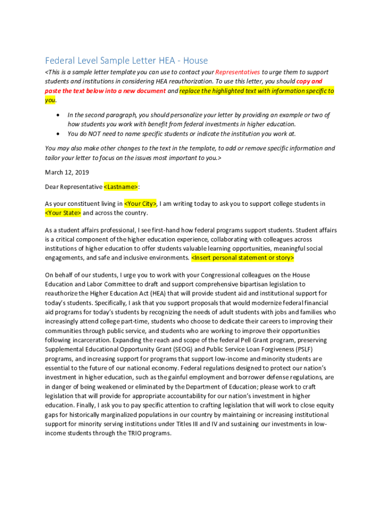 Fillable Online Federal Level Sample Letter HEA - House Fax Email Print ...