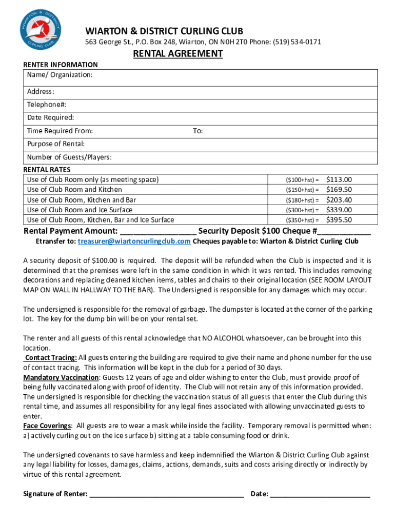 Fillable Online WIARTON & DISTRICT CURLING CLUB RENTAL AGREEMENT Fax ...