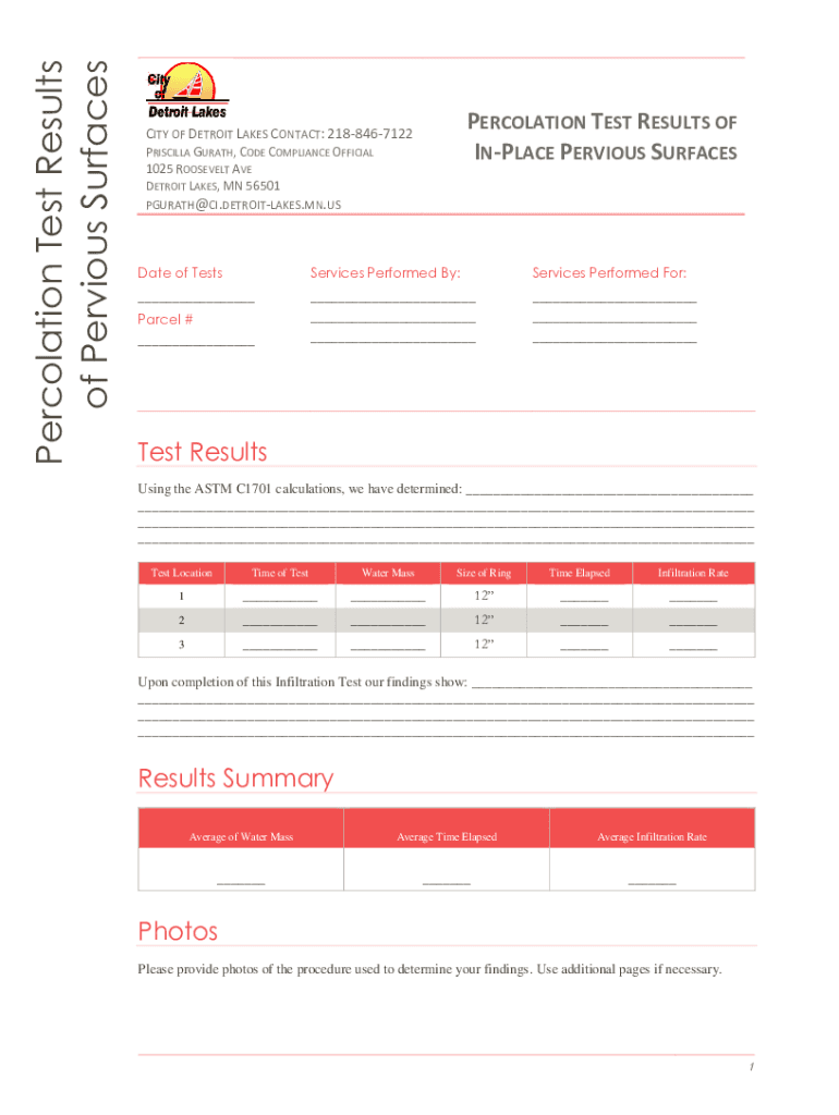 Fillable Online Percolation Test Re sults of P ervious Surfa ces Fax ...