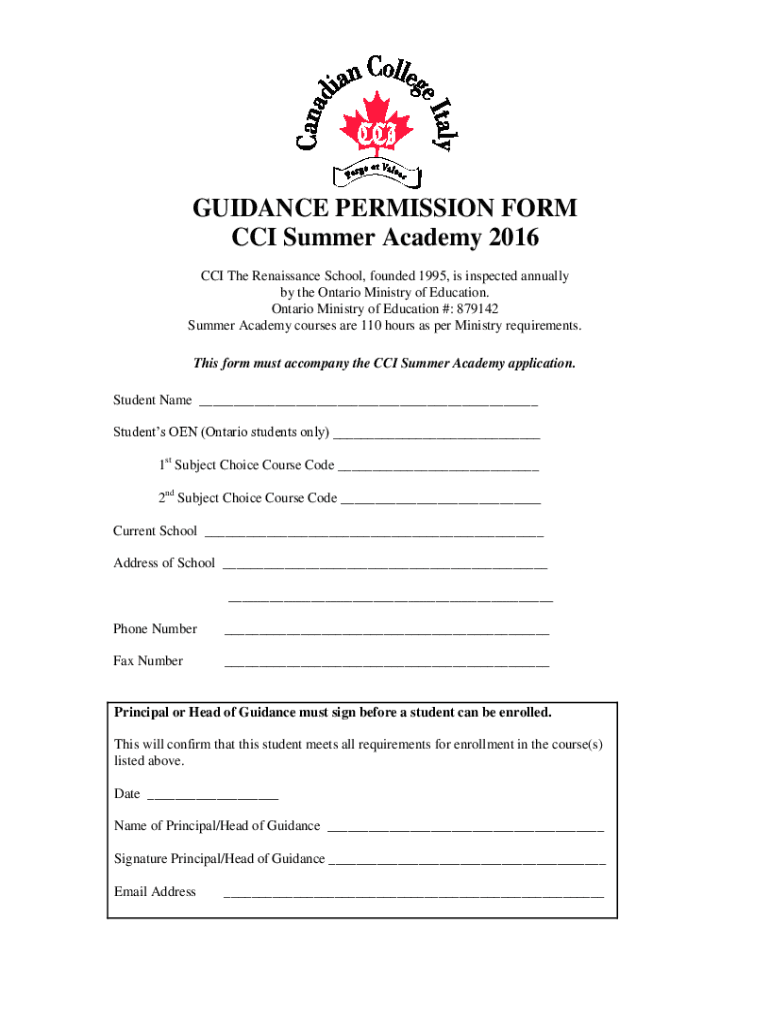 Fillable Online GUIDANCE PERMISSION FORM CCI Summer Academy ... Fax ...