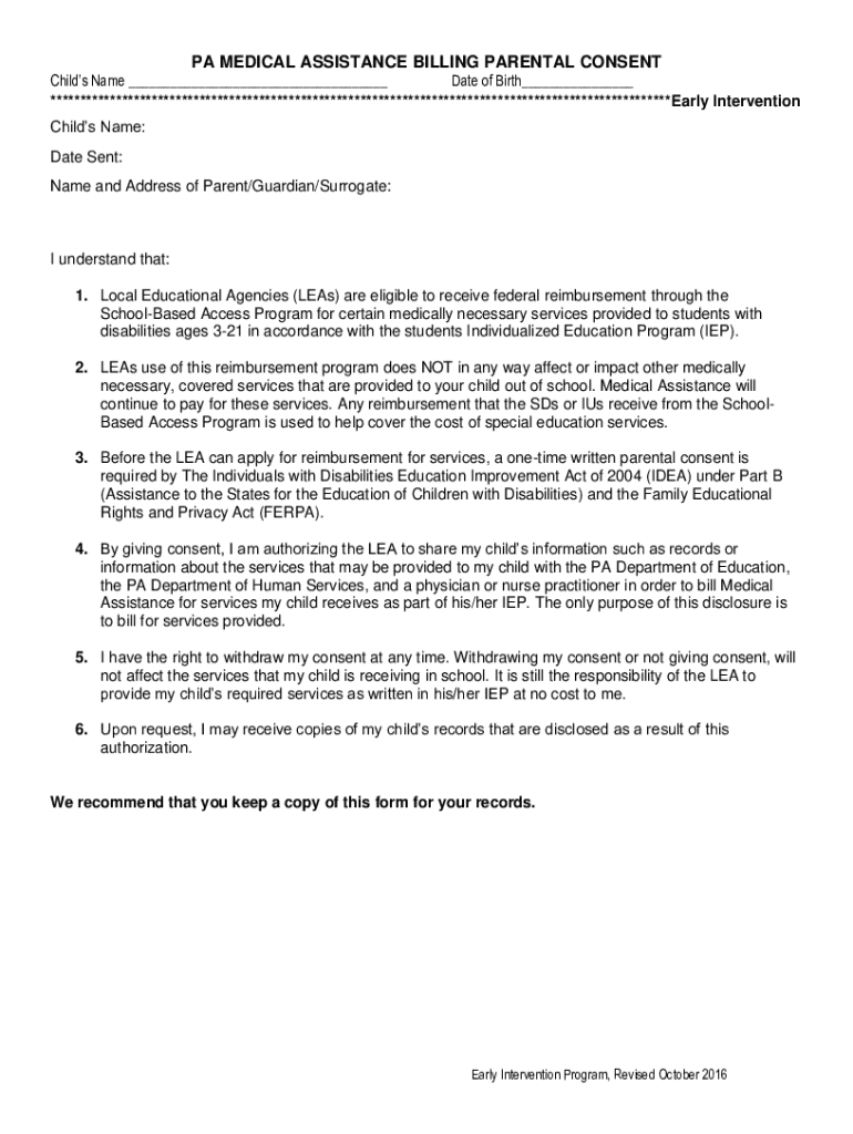 Fillable Online pa medical assistance billing parental consent Fax ...