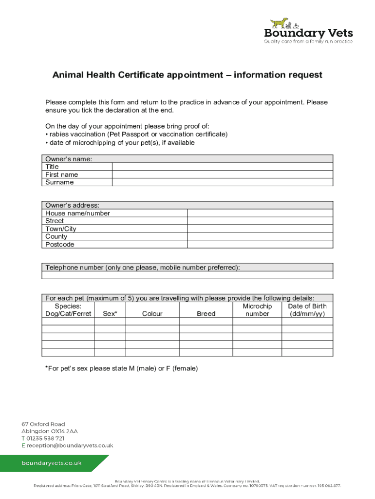 Fillable Online Animal Health Certificate appointment information ... Fillable Online Animal Health Certificate appointment information ...