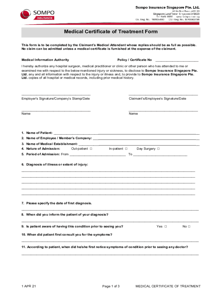 Fillable Online MEDICAL CERTIFICATE OF TREATMENT FORM Fax Email Print ...