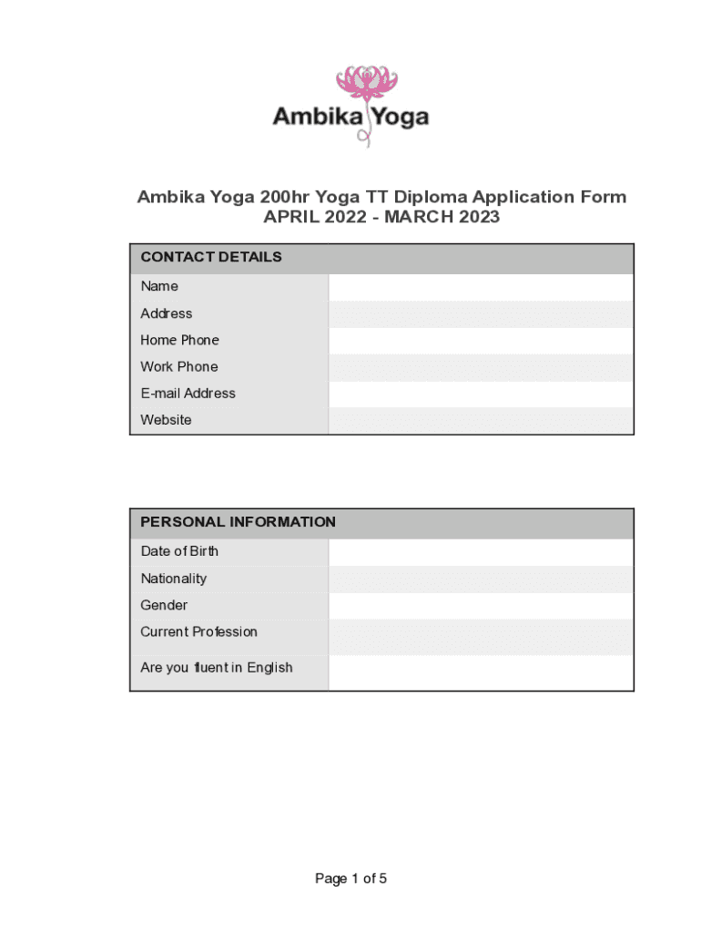 Fillable Online AMBIKA YOGA APPLICATION FORM - YTTC 2022/2023 FINAL Fax ...