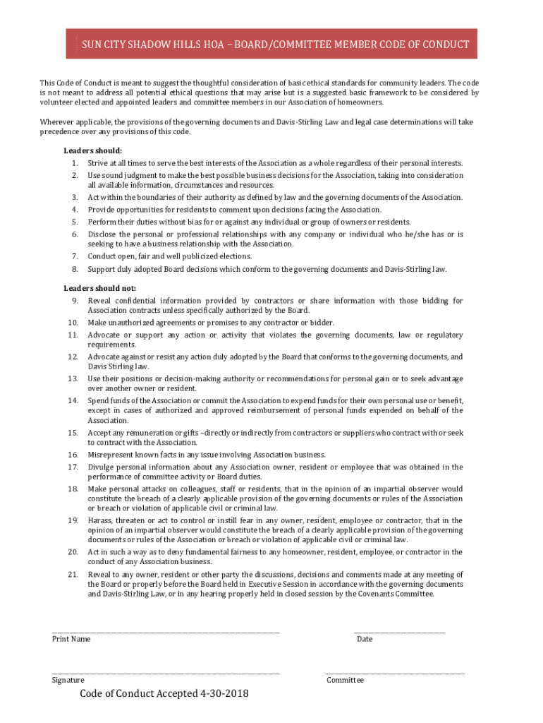 Fillable Online Model Code of Ethics for Community Association ( HOA ...