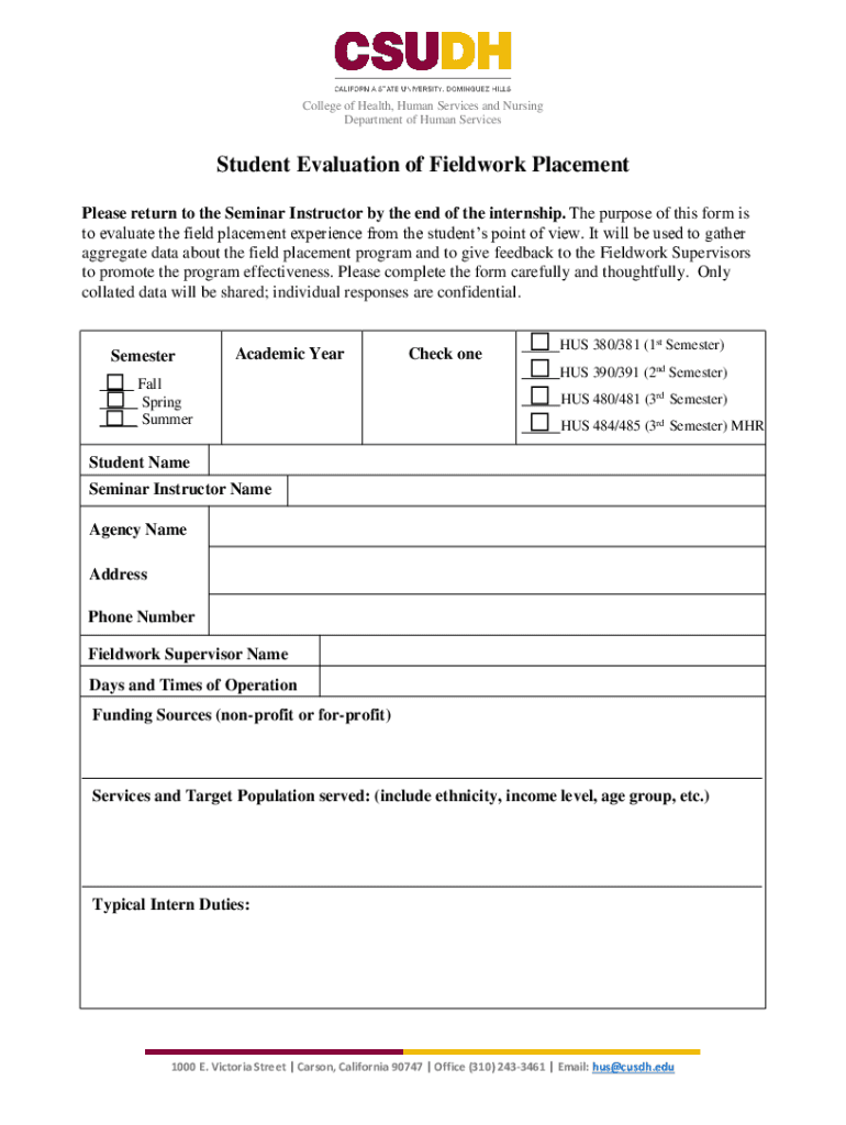 Fillable Online HUS Student Fieldwork Placement. Student Fieldwork ...