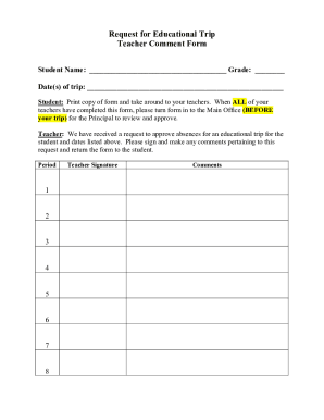 Fillable Online Request for Educational Trip Teacher Comment Form Fax ...