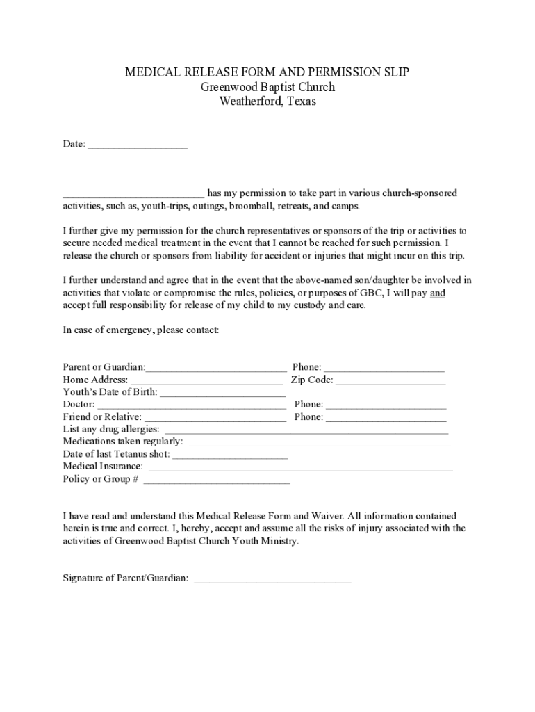 Fillable Online MEDICAL RELEASE FORM AND PERMISSION SLIP.doc Fax Email Print - pdfFiller