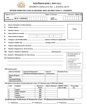 Fillable Online option form for class xi (session: 2022-23) only for kv ...