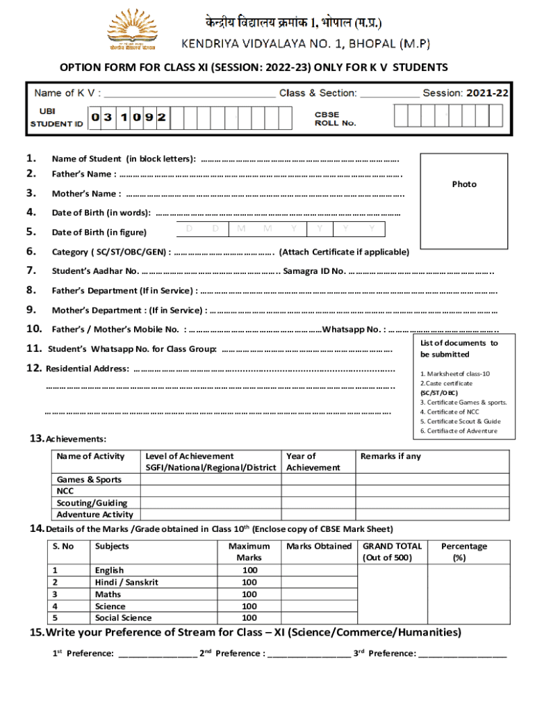 Fillable Online option form for class xi (session: 2022-23) only for kv ...