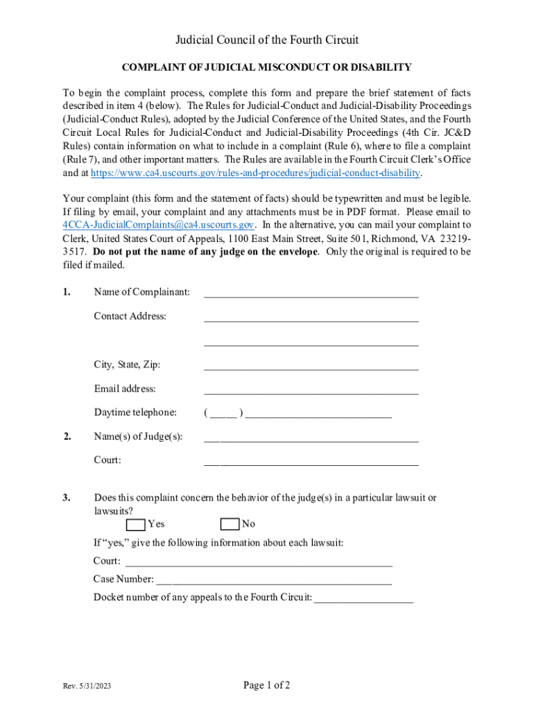 Fillable Online COMPLAINT FORM COMPLAINT OF JUDICIAL ... Fax Email ...