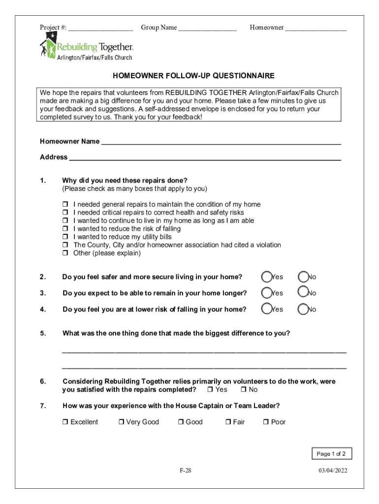 Fillable Online Homeowner Follow-Up Questionnaire Rebuilding Together ...