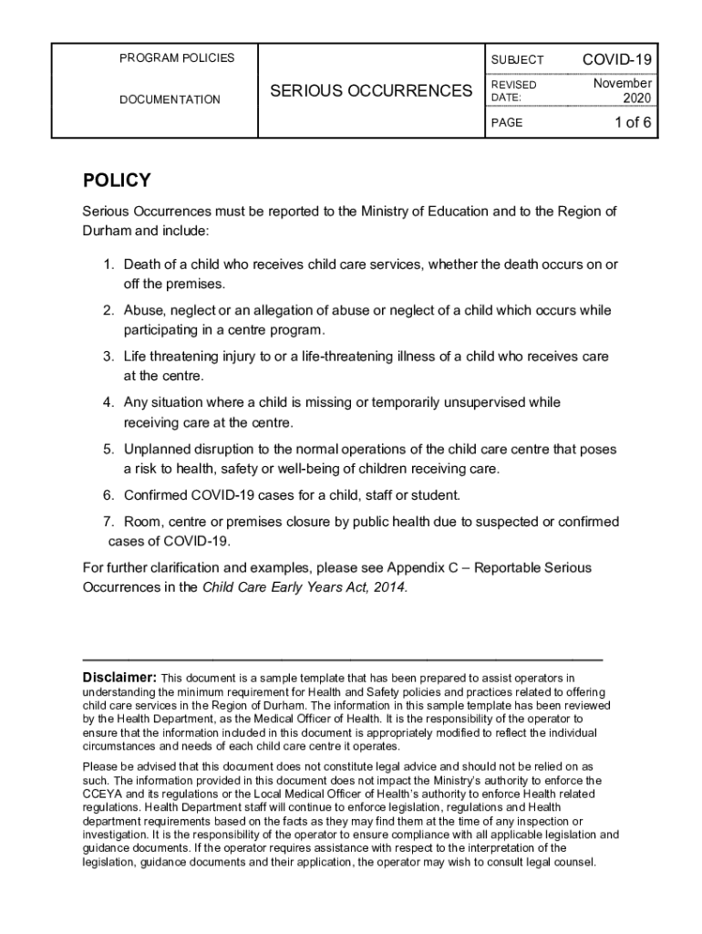 Fillable Online Template G Serious Occurrences. Serious Occurrence ...