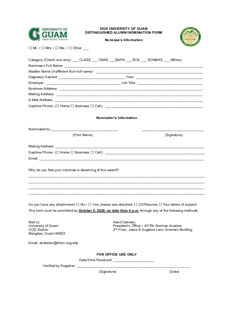 Fillable Online 2020 Distinguished Alumni Nomination Form.docx Fax Email Print - pdfFiller