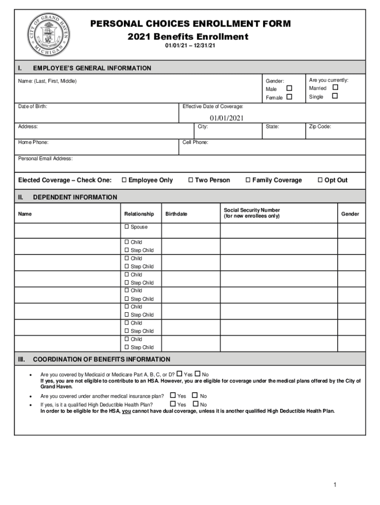 Fillable Online PERSONAL CHOICES ENROLLMENT FORM 2021 ... Fax Email ...