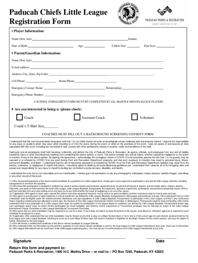 Fillable Online Paducah Chiefs Little League Registration Form Fax ...