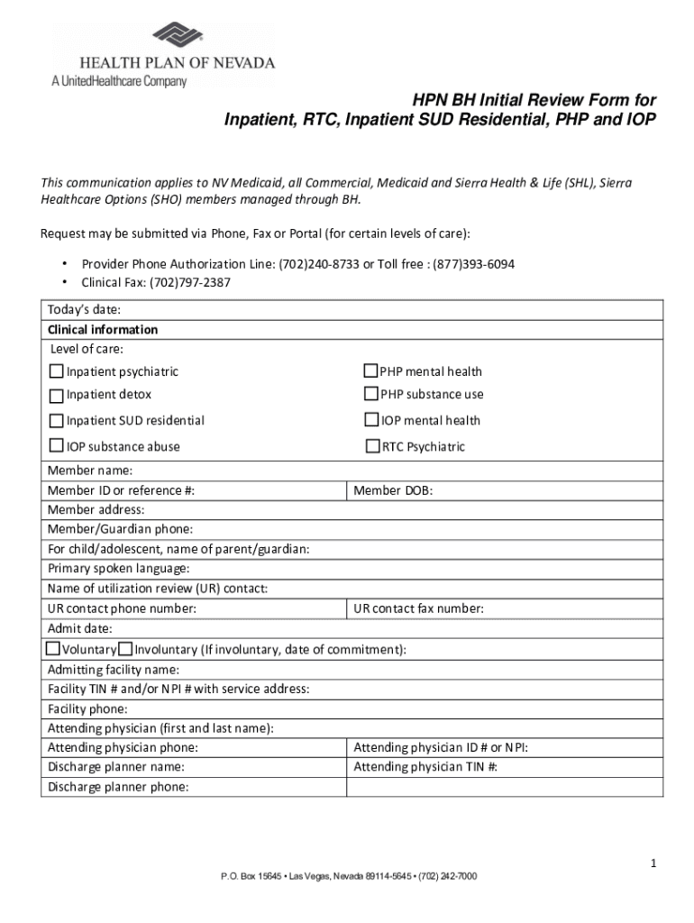 Fillable Online HPN BH Initial Review Form for Inpatient, RTC ...