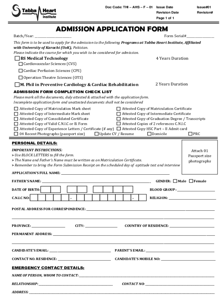 Fillable Online ADMISSION APPLICATION FORM - Tabba Heart Institute Fax ...