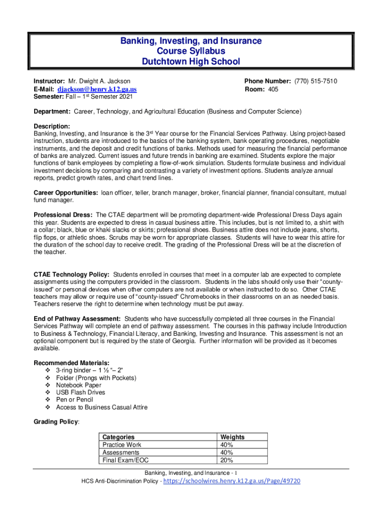 Fillable Online Banking, Investing, and Insurance Course Syllabus ...