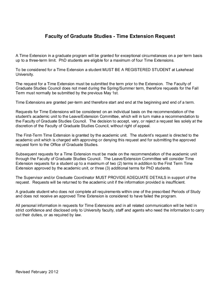 Fillable Online Faculty of Graduate Studies - Time Extension Request ...