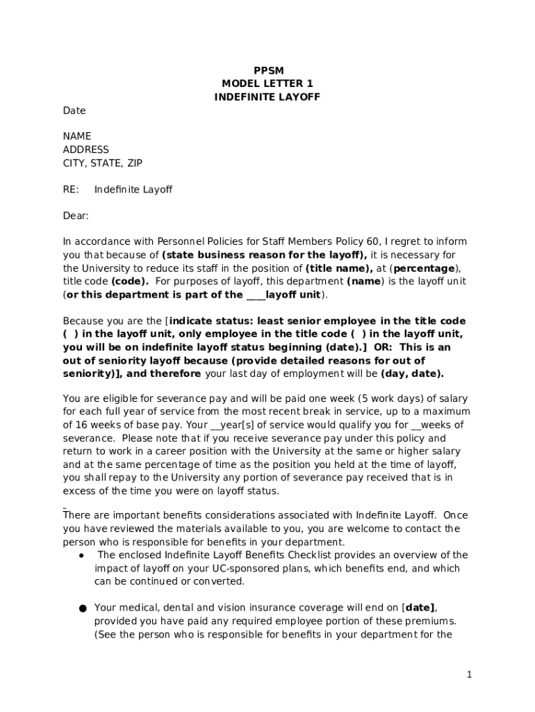 Sample Indefinite Layoff Letter - Human Resources Doc Template | pdfFiller