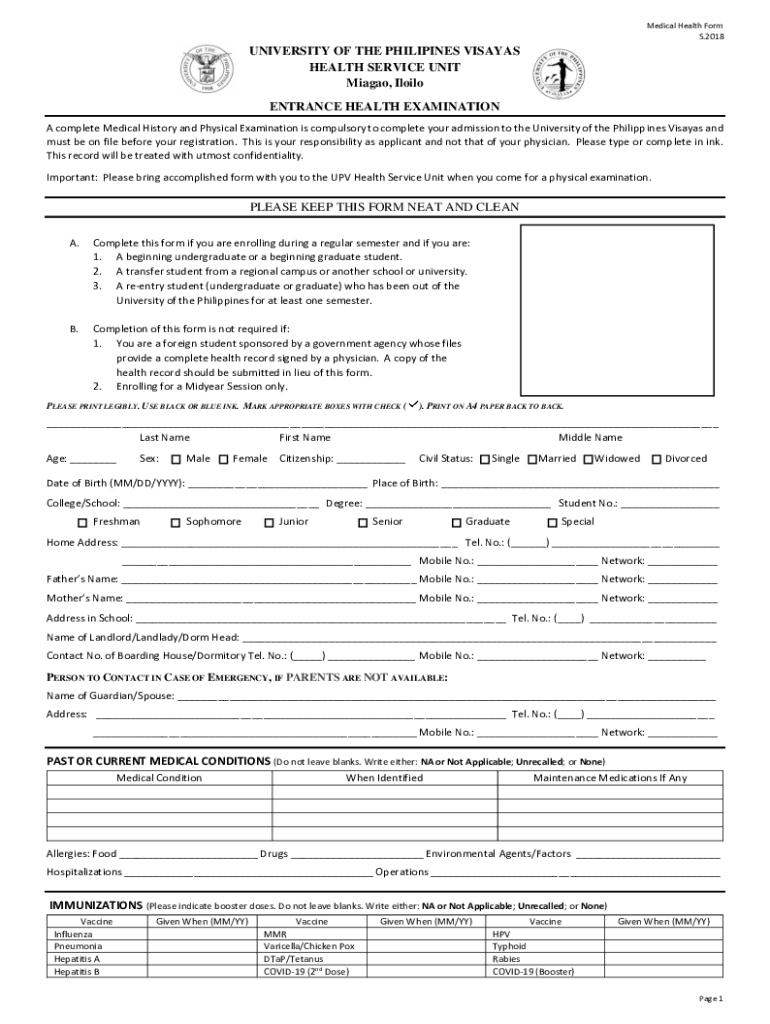 Fillable Online crs upv edu ENTRANCE-HEALTH-EXAMINATION-FORM-For-first- ... Fax Email Print ...