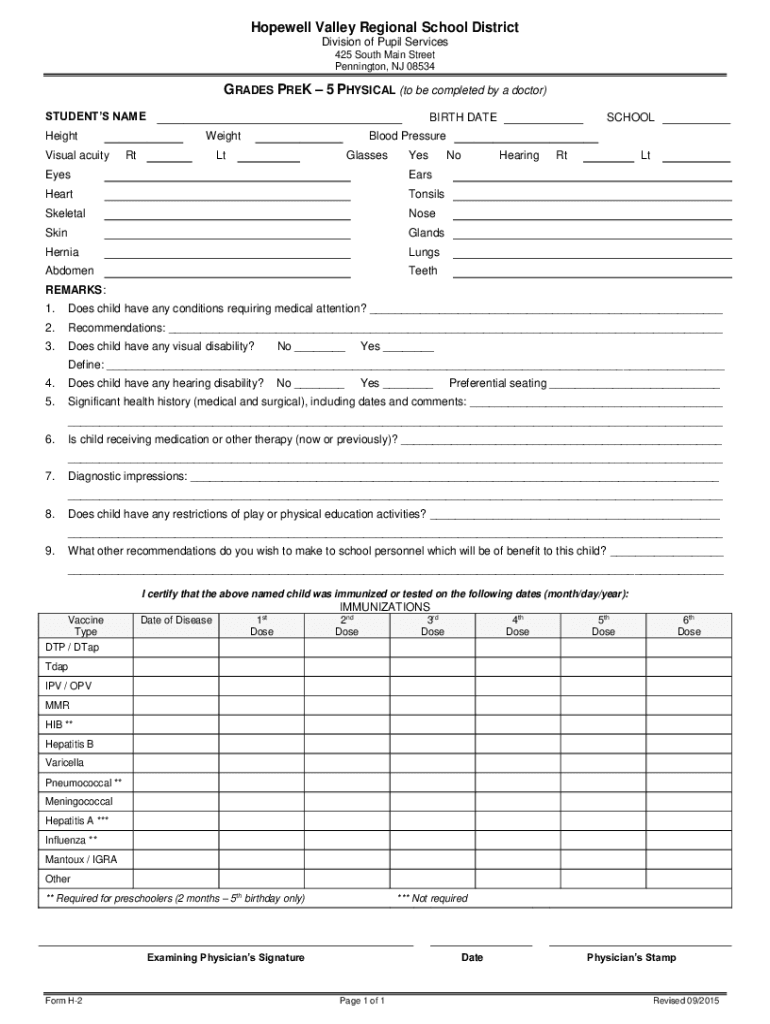 Fillable Online Physical Examination Form (Grades PreK-5) Fax Email ...