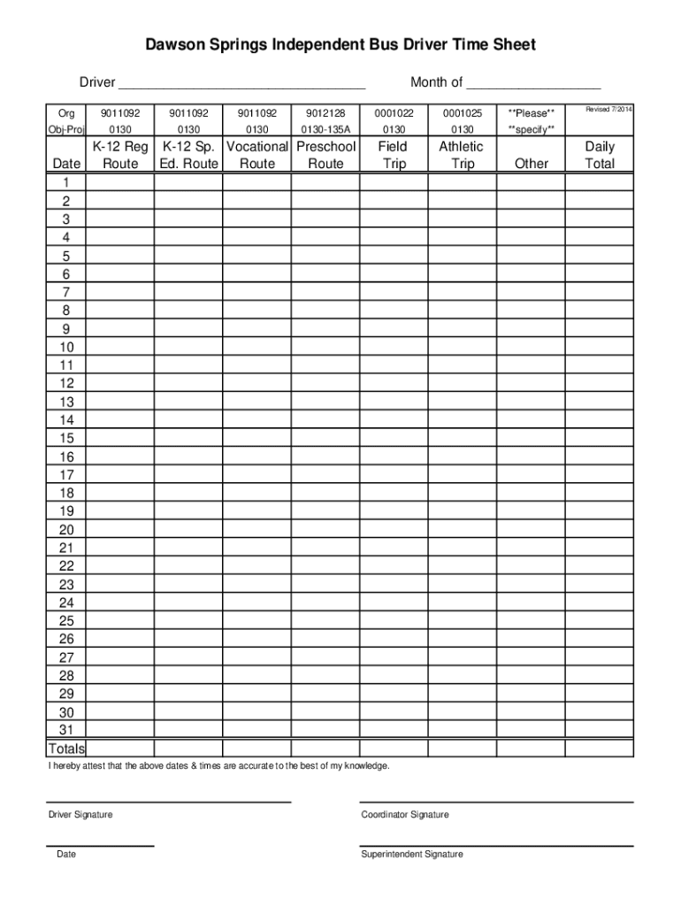 Fillable Online Dawson Springs Independent School Bus Driver Time Sheet ...