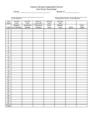 Fillable Online Dawson Springs Independent Bus Driver Time Sheet Fax ...
