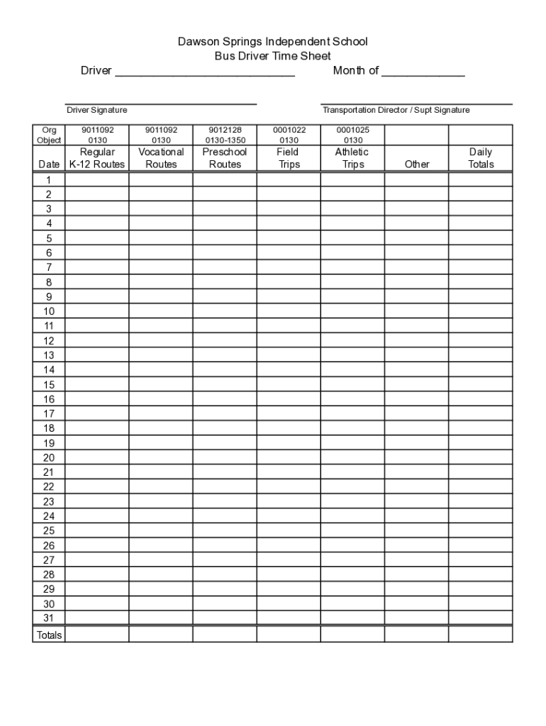 Fillable Online Dawson Springs Independent Bus Driver Time Sheet Fax ...