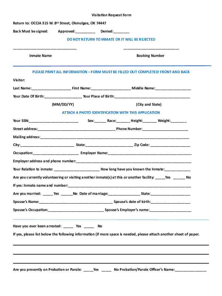 Fillable Online Visita9on Request Form Return to: OCCJA 315 W. 8th ...