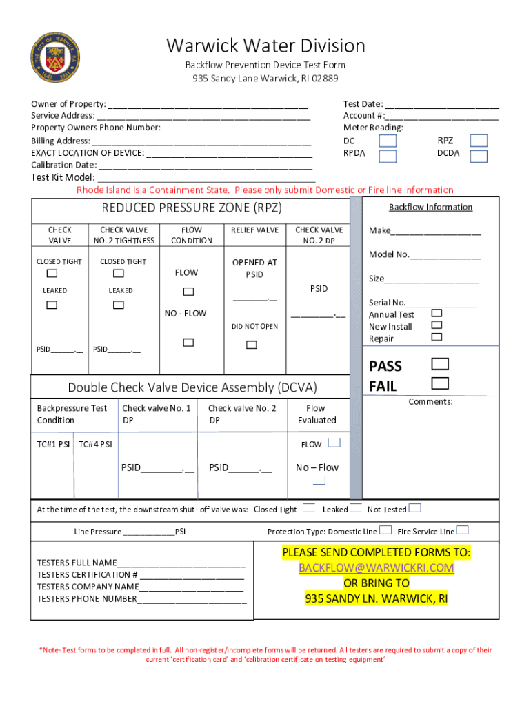 Fillable Online Backflow Prevention Device Test Form Warwick Water ...