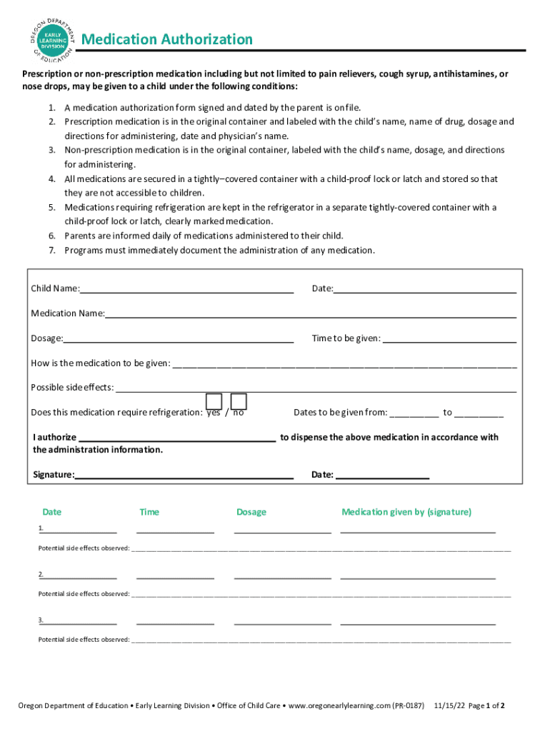 Fillable Online Medication Authorization Form and Administration LogPR ...