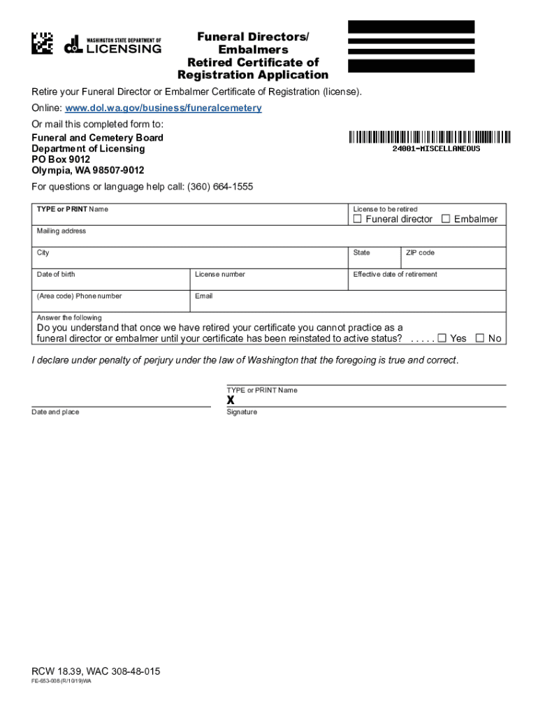 Fillable Online Funeral Directors/Embalmers Retired Certificate of ...