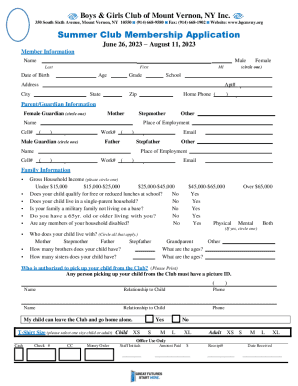 Fillable Online Summer Club Membership Application - The Boys & Girls ...