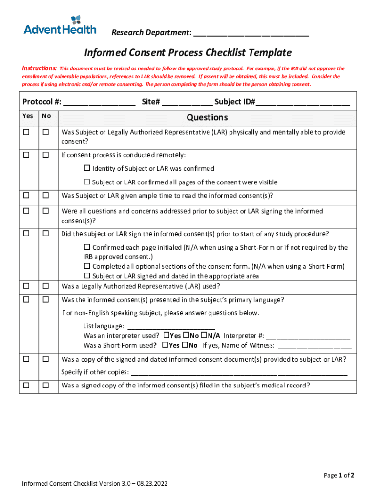 Fillable Online Informed Consent Process Checklist Template Fax Email ...