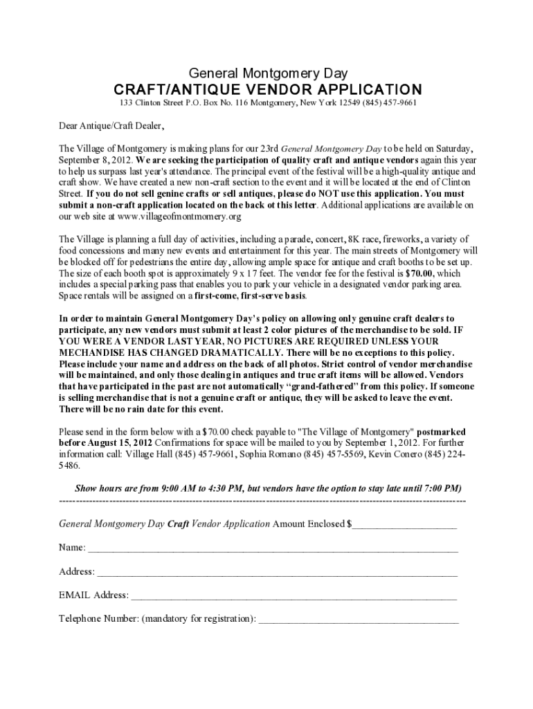 Fillable Online General Montgomery Day CRAFT VENDOR APPLICATION Fax ...