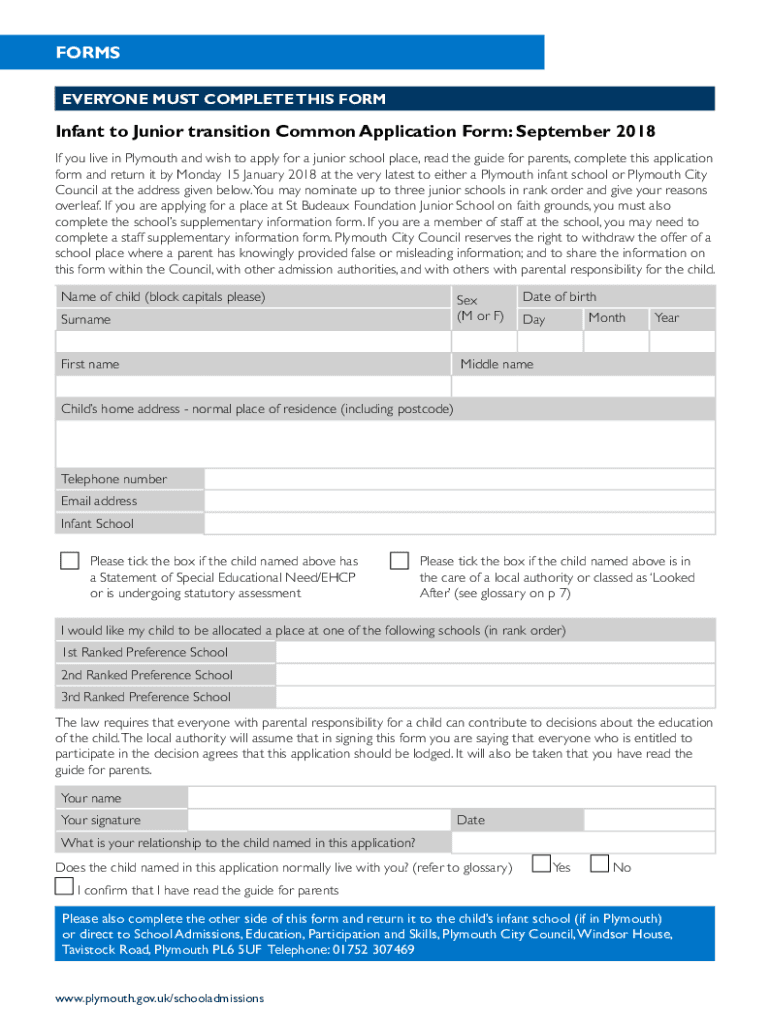 Fillable Online Infant to Junior transition Common Application Form Fax ...