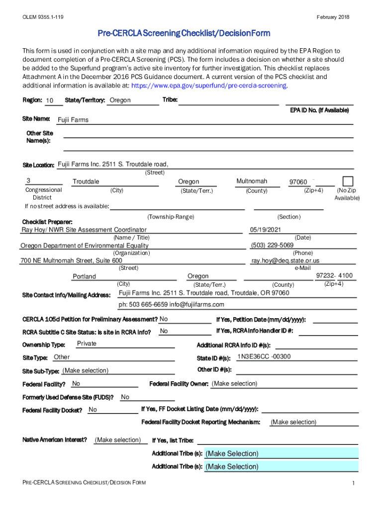 Fillable Online Fillable Online Pre-CERCLA Screening Checklist/Decision ...