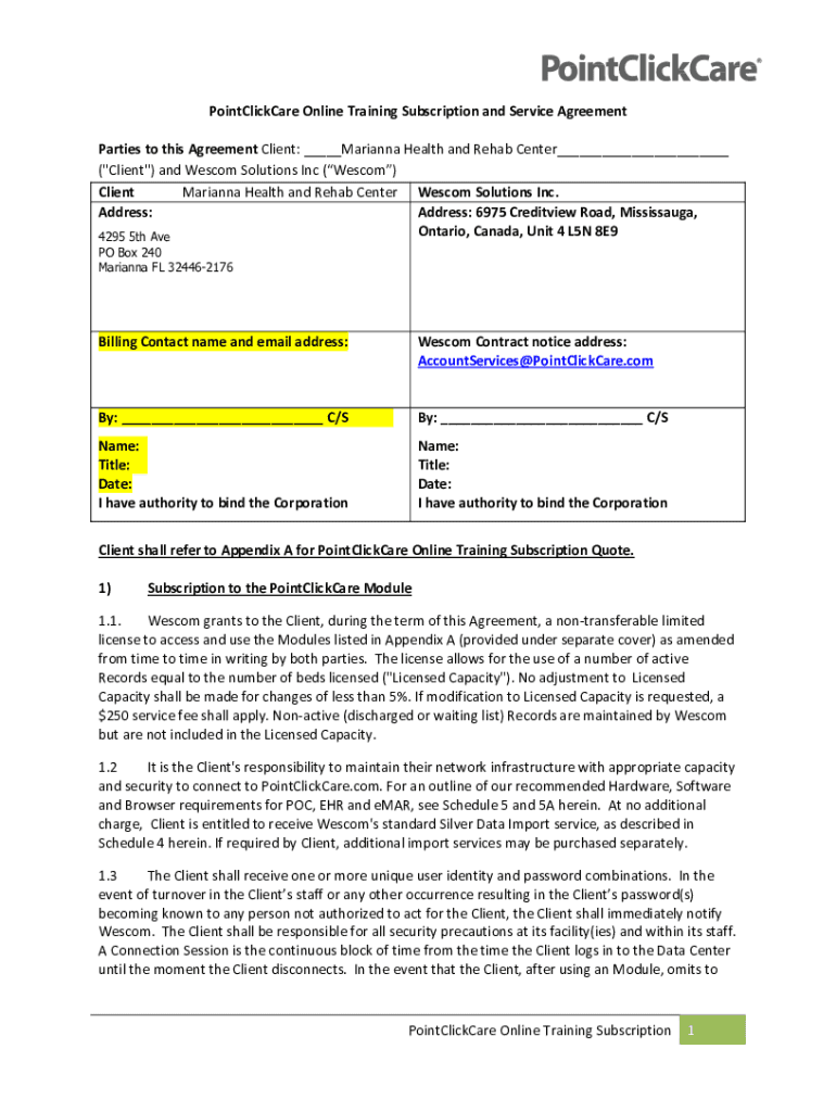 Fillable Online PointClickCare Online Training Subscription 1 ...