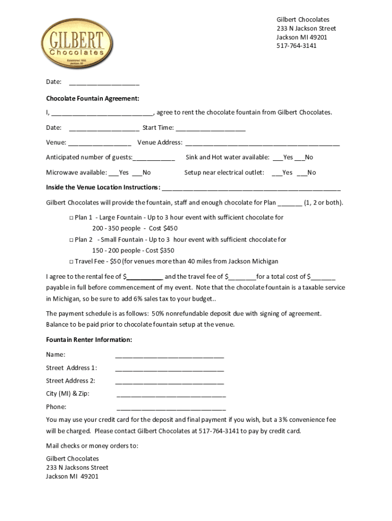 Fillable Online Gilbert Chocolate Fountain Rental Agreement Fax Email Print - pdfFiller