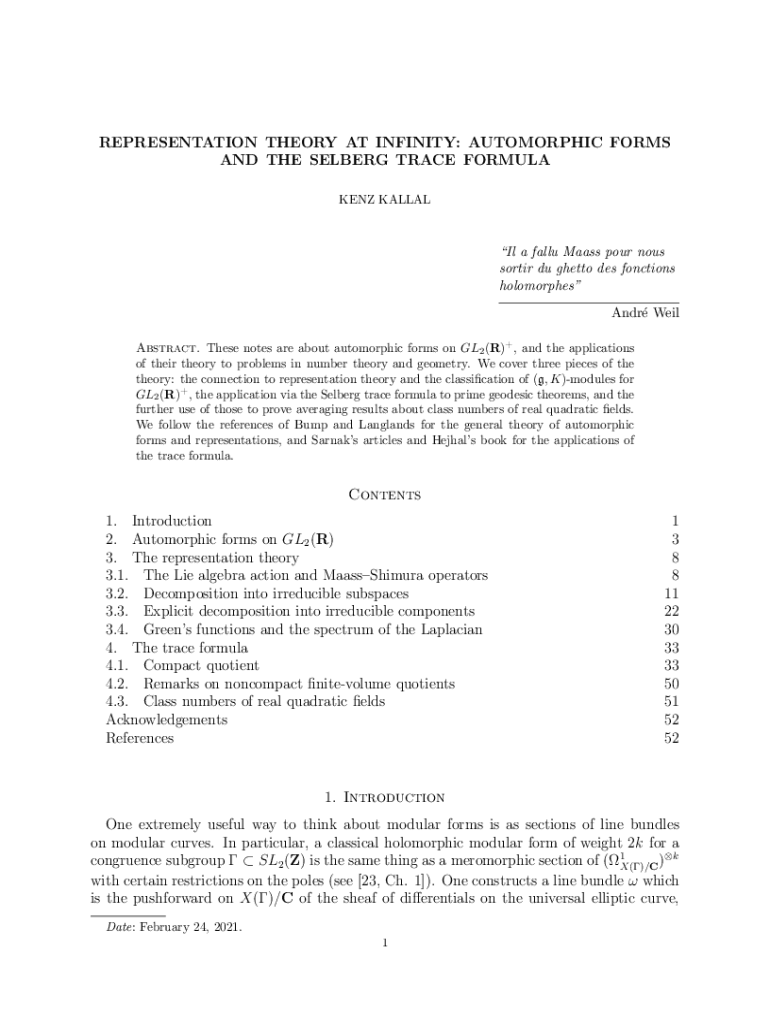 Fillable Online Math Uchicago Representation Theory At Infinity Automorphic Forms And The