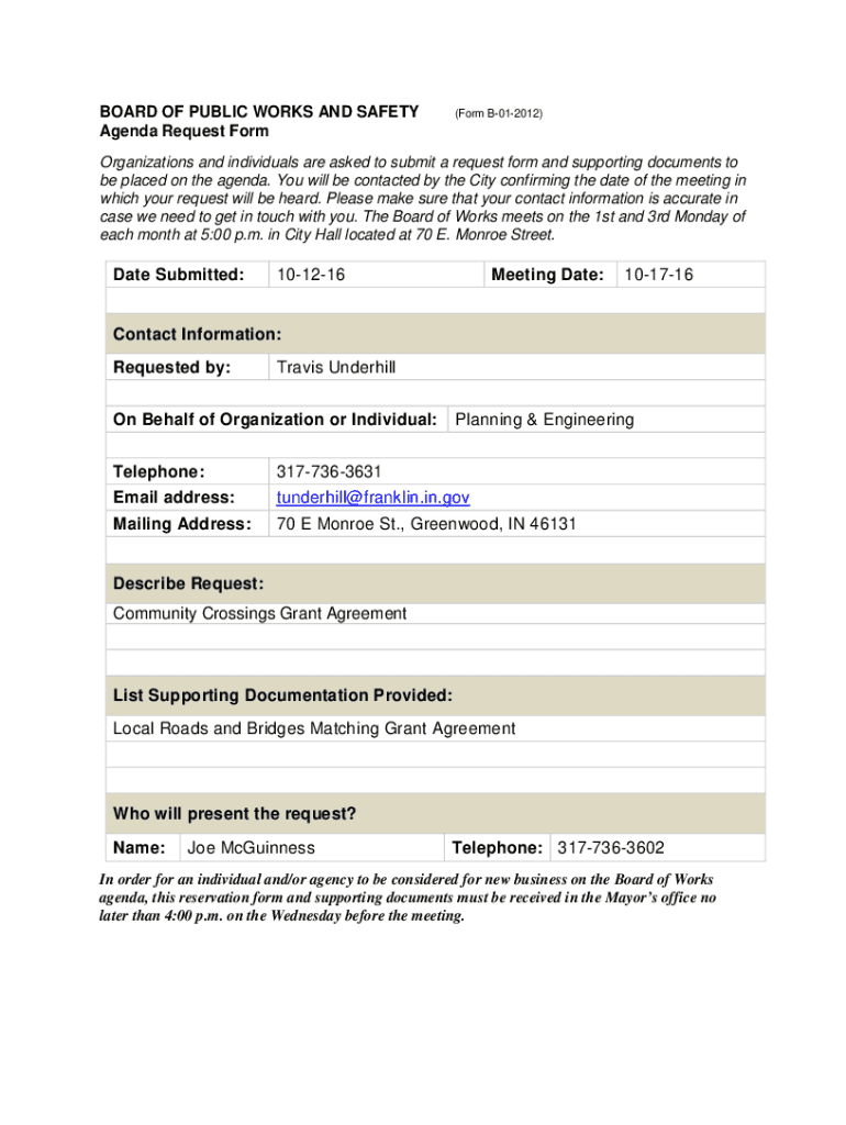 Fillable Online Fillable Online BOARD OF PUBLIC WORKS AND SAFETY Form ...