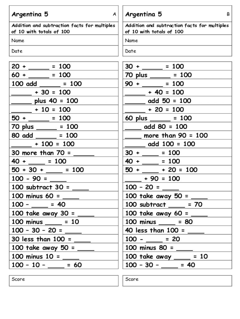 Fillable Online Add and Subtract Multiples of 10 within 100 Fax Email ...