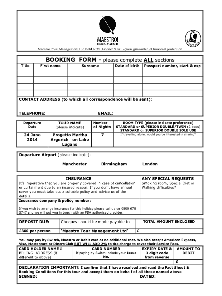 Fillable Online BOOKING FORM - please complete ALL sections Fax Email Print - pdfFiller