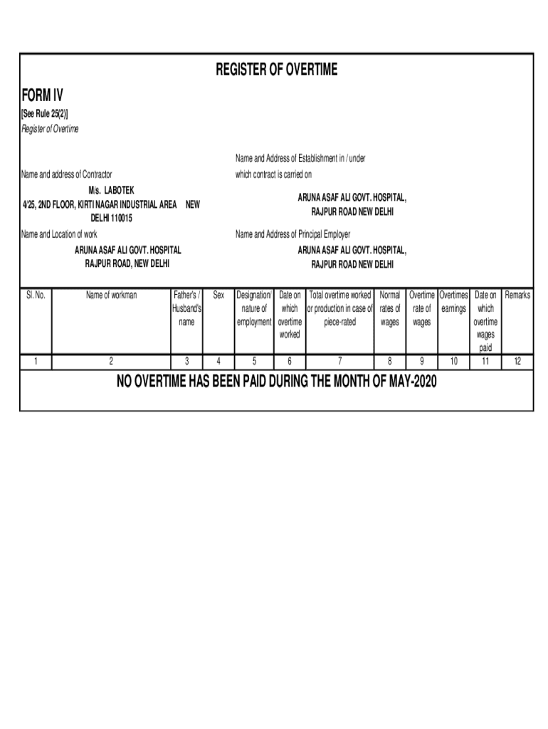 Fillable Online FORM IV - Rule 25(2) - Overtime Register for workers ...